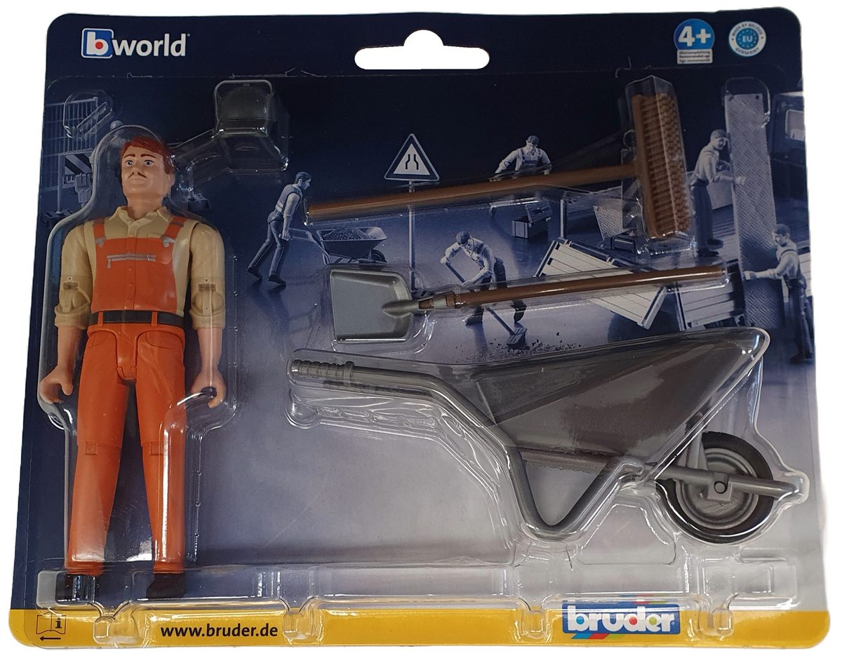 Bruder 62130 Male Figure with Light Skin Municipal Worker with Wheelba ...